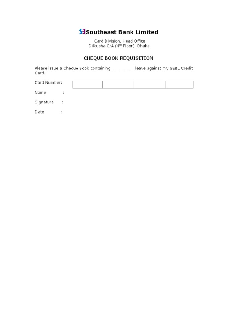 Cheque Book Requisition for SEBL Card | PDF