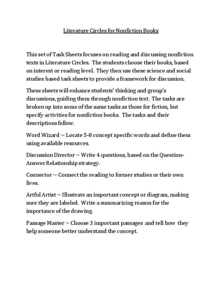 Nonfiction Literature Circle Tasks | PDF | Books | Epistemology