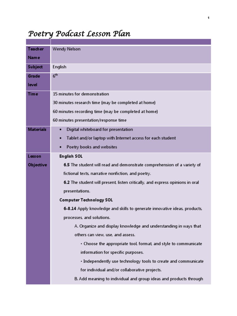 Poetry Podcast Lesson Plan for 6th Grade | PDF | Reading Comprehension ...
