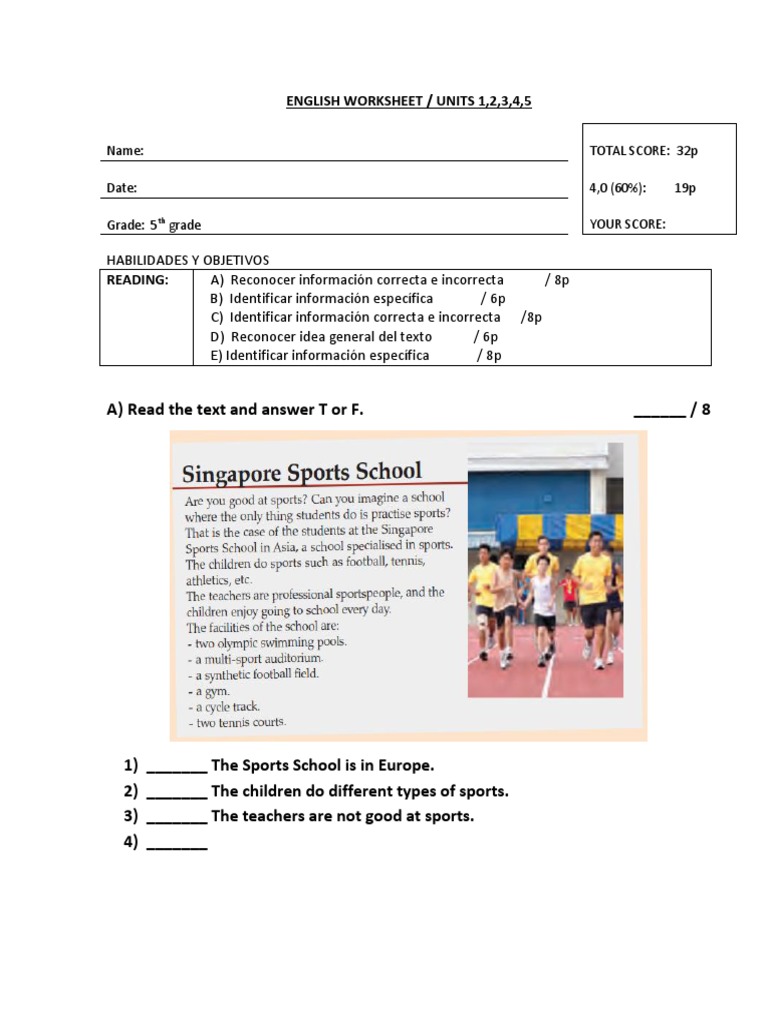 5th Grade English Worksheet Units 1-5 | PDF