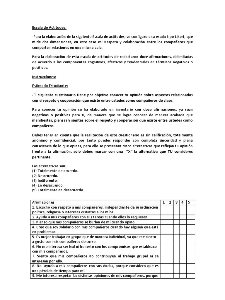Escala De Actitudes Ejemplo Pdf Cuestionario Conceptos Psicologicos