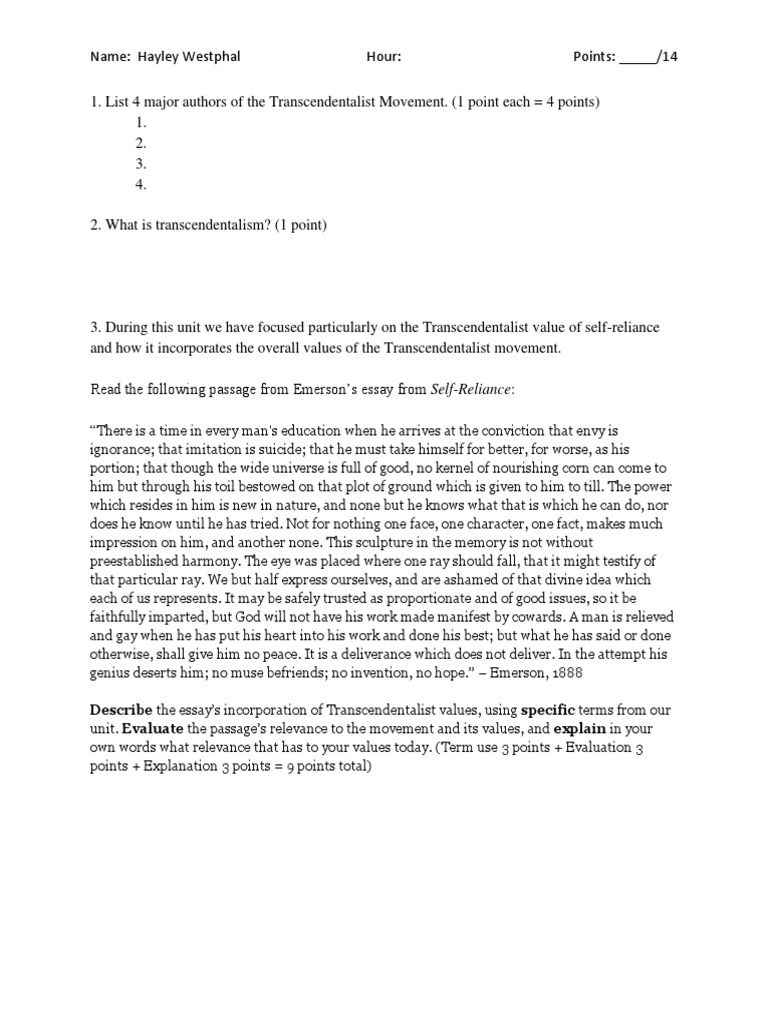 Constructed Response Assessment | PDF | Transcendentalism