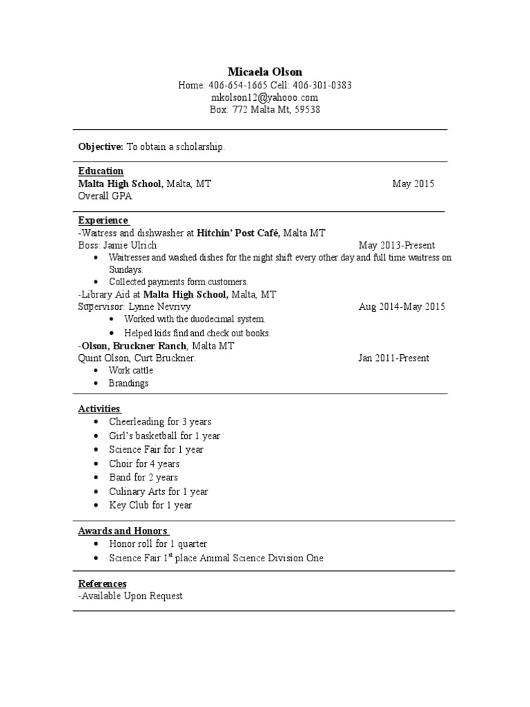 Micaela Olson Scholarship Application Resume | PDF