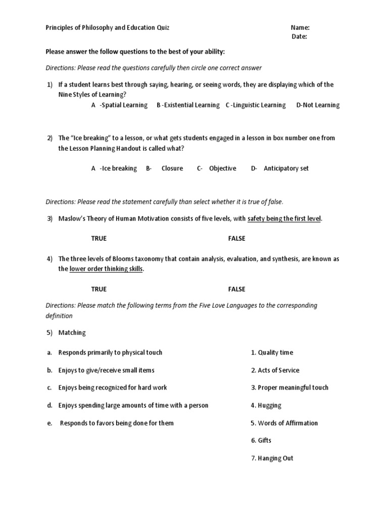 Principles of Philosophy and Education Quiz | PDF