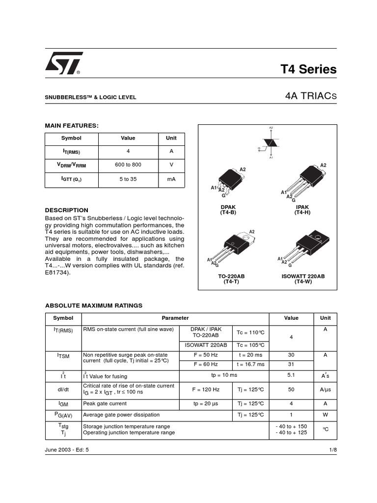 TRIAC SÉRIES T4 ---T410600W ----ST-----datasheet | Electrical ...
