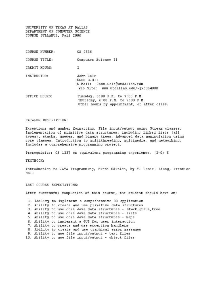 UT Dallas Syllabus For cs2336.002 06f Taught by John Cole (jxc064000 ...