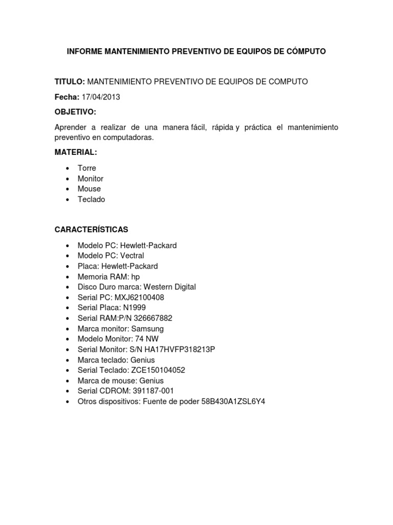 Informe Mantenimiento Preventivo de Equipos de Cómputo | Memoria de ...