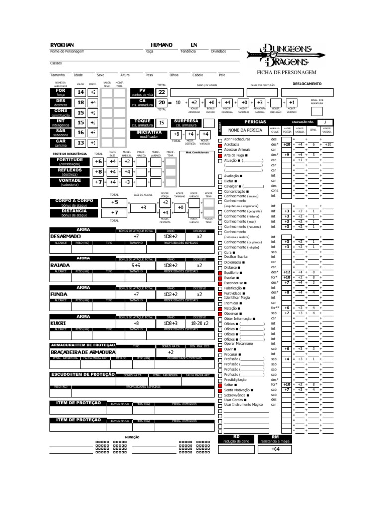 Ficha D&D 3 (Ficha Monge) | PDF