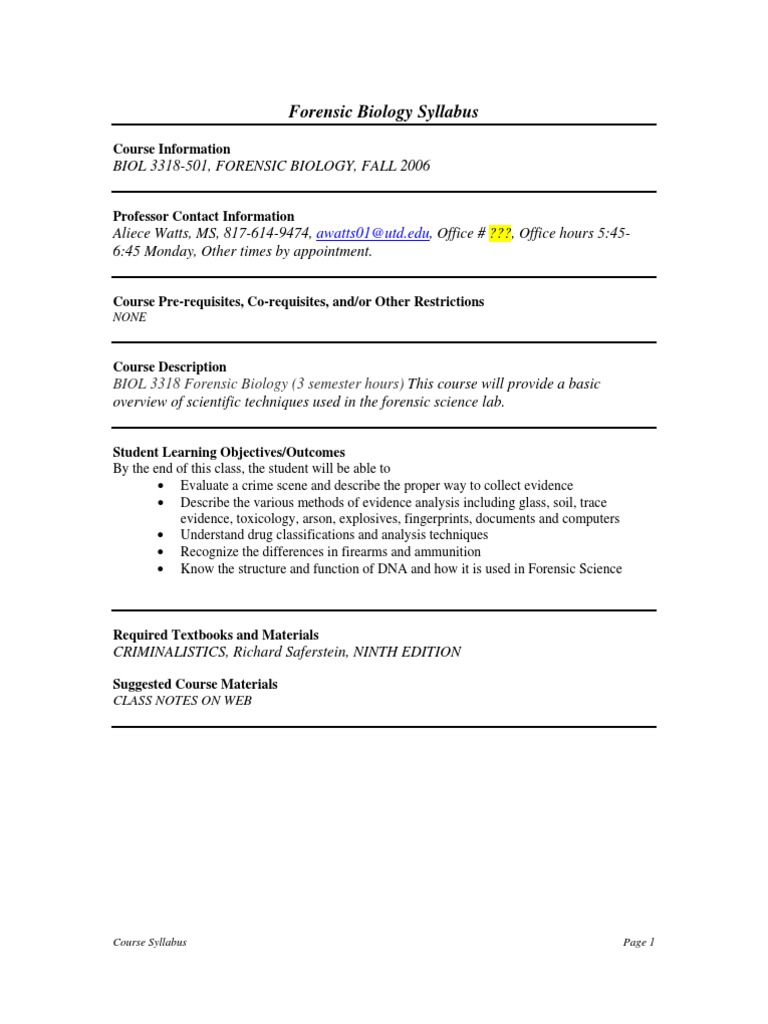 Forensic Biology Course Syllabus | PDF | Academic Dishonesty | Forensic ...