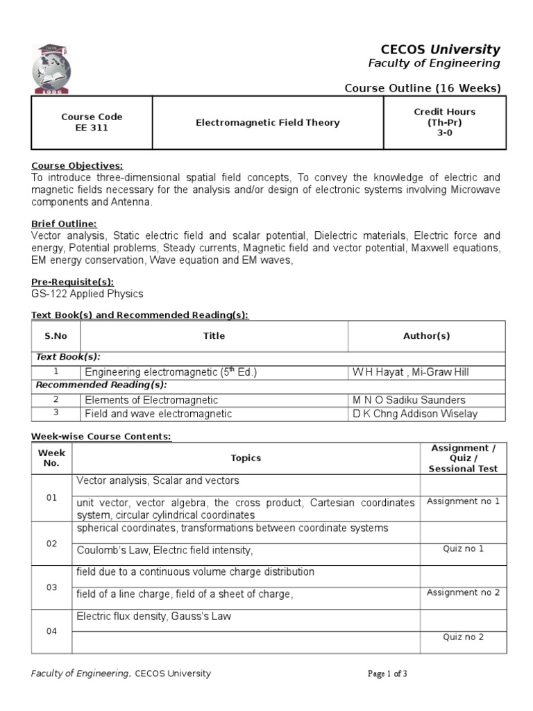 Course Outline, EMF | PDF | Electromagnetic Field | Electric Field