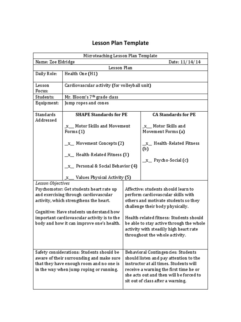 Jump Rope Cardiovascular Lesson Plan | PDF | Physical Fitness | Lesson Plan