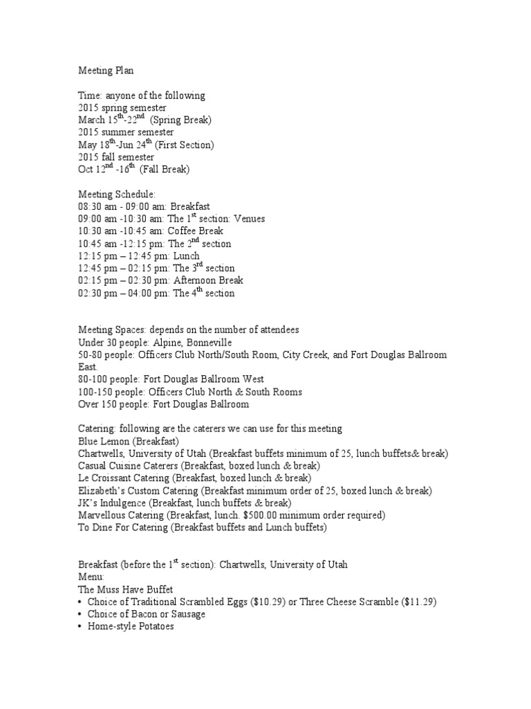 2015 Meeting Schedule and Catering Options | PDF