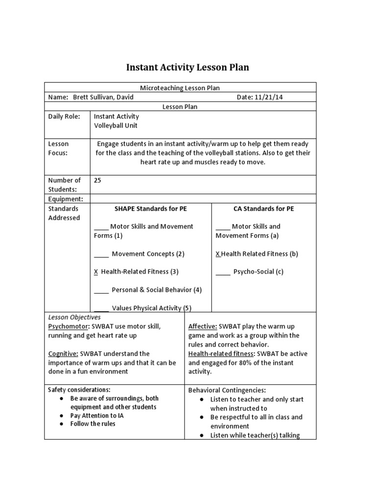 Instant Activity Lesson Plan: SHAPE Standards For PE CA Standards For ...