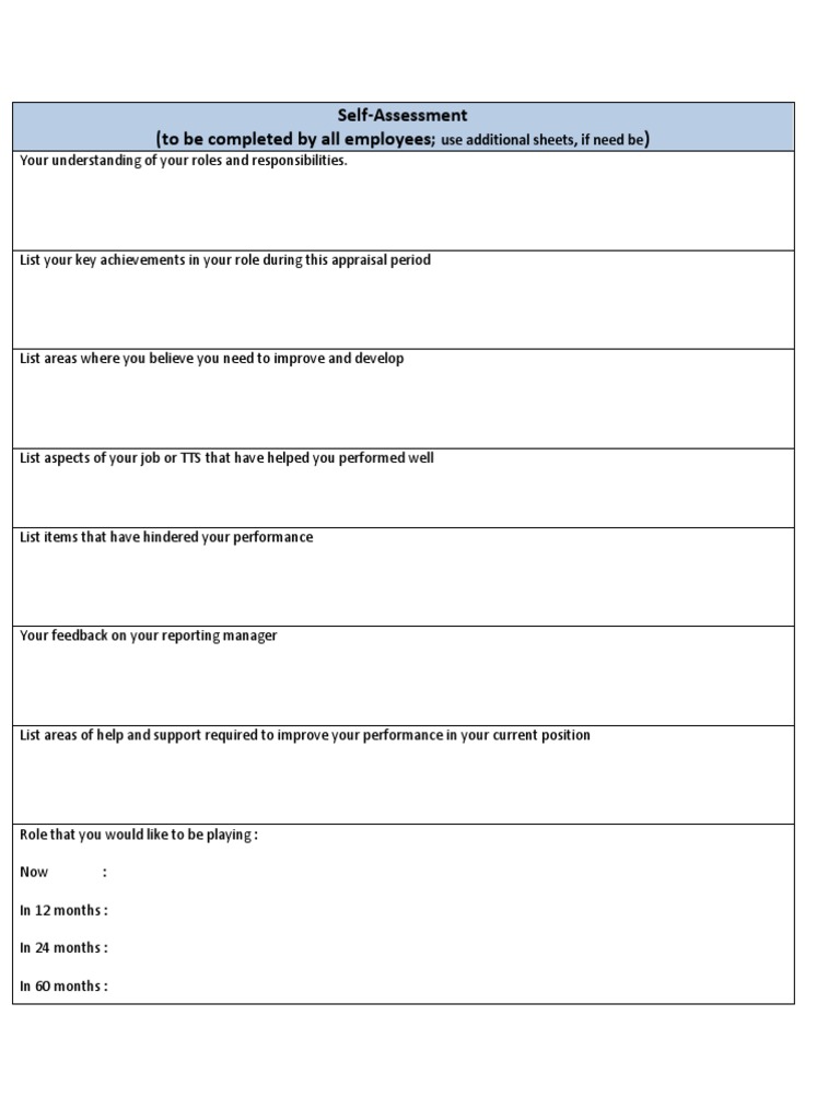 Self-Assessment (To Be Completed by All Employees ) : Use Additional ...