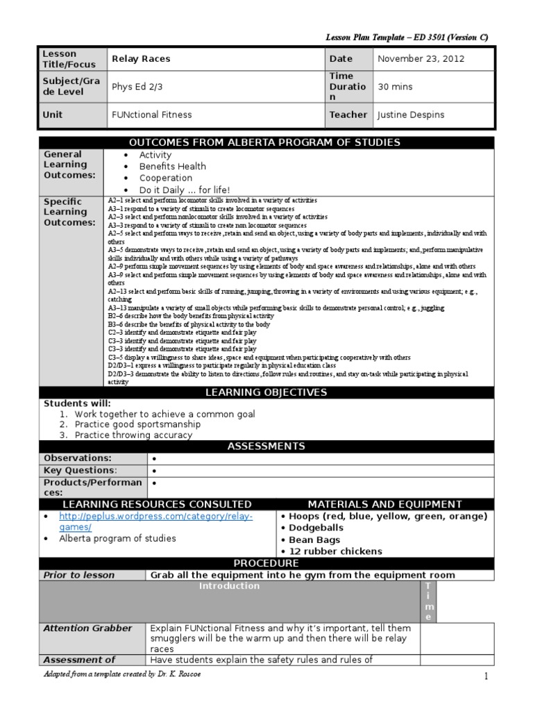 Relay Race Skills Lesson Plan | PDF | Physical Education | Lesson Plan