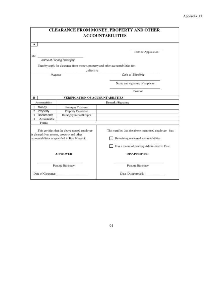 Clearance From Money, Property and Other Accountabilities: Appendix 13 ...