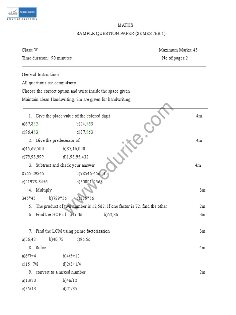 Class 5 ICSE Maths Sample Papers Term 1 Model 2 | PDF | Mathematical ...