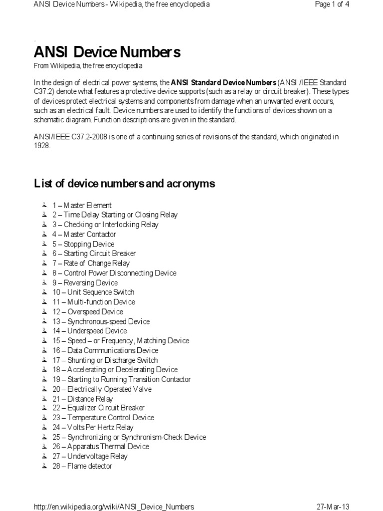 ANSI Device Numbers | PDF | Relay | Switch ANSI Device Numbers | PDF | Relay | Switch