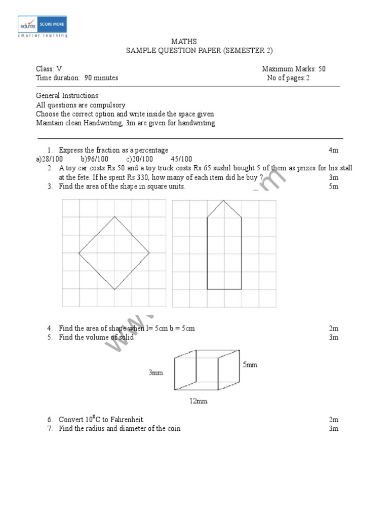 Class 5 ICSE Maths Sample Paper Term 2 Model 2 | PDF