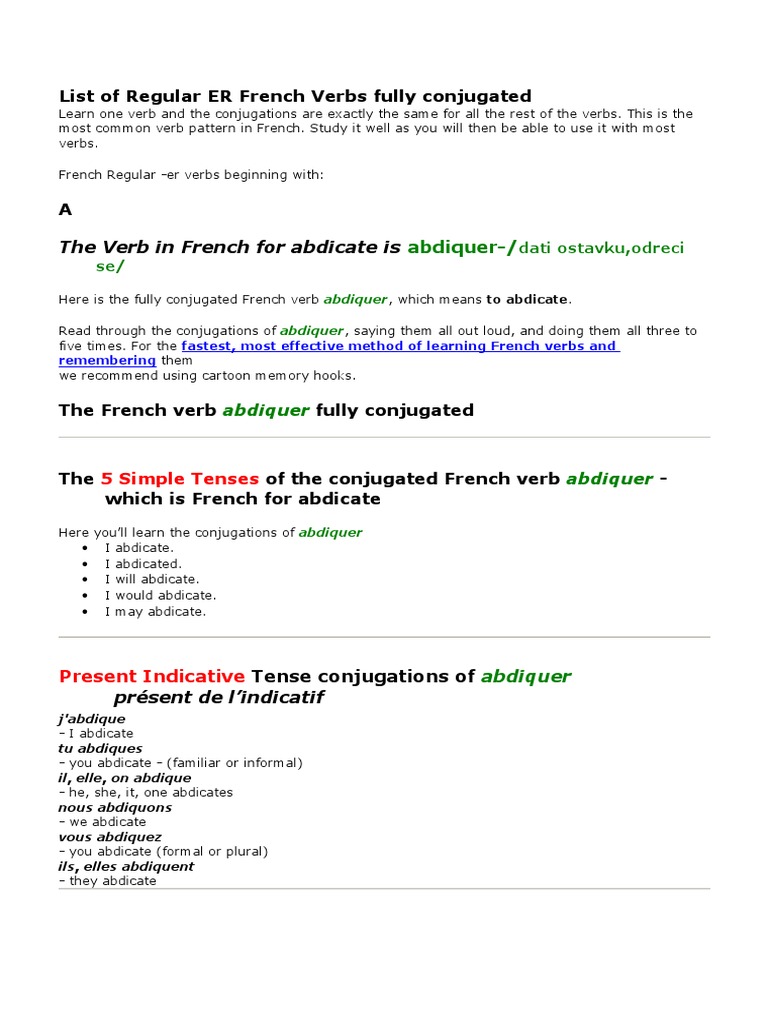 List of Regular ER French Verbs Fully Conjugated | PDF | Grammatical ...