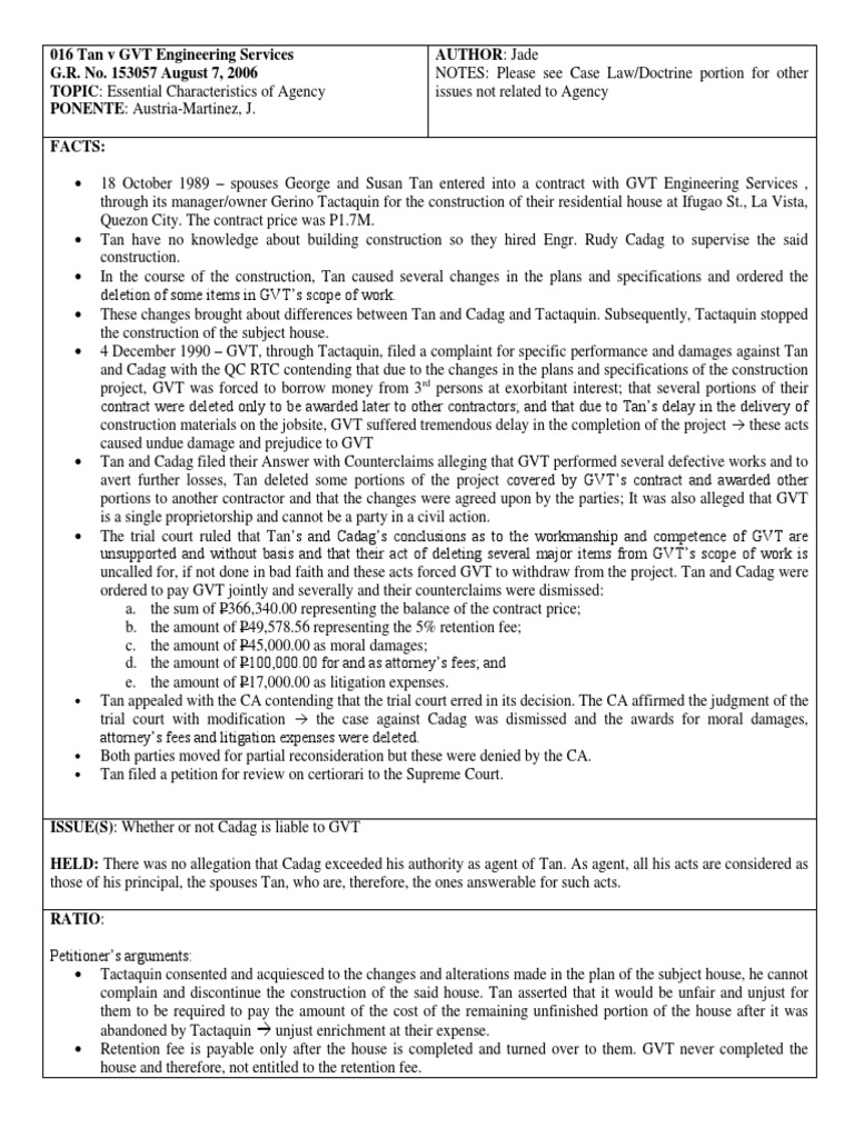 016 Tan V GVT Engineering Services | PDF | Law Of Agency | Lawsuit