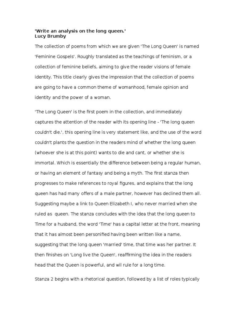 The Long Queen Essay - Carol Ann Duffy | PDF | Poetry