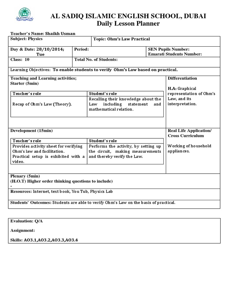 Ohm's Law Practical Lesson Plan | PDF