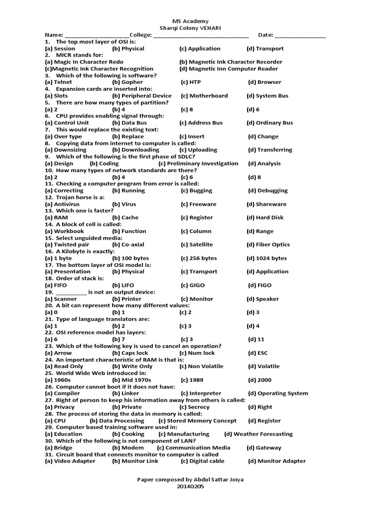 ICS Part-1 VIP MCQs | PDF | Computer Data Storage | Electronics