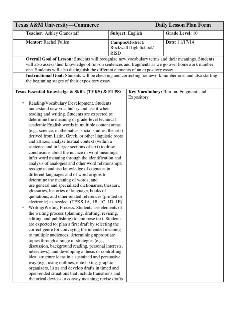 10th Grade English Lesson Plan: Vocabulary & Essays | PDF | Reading ...