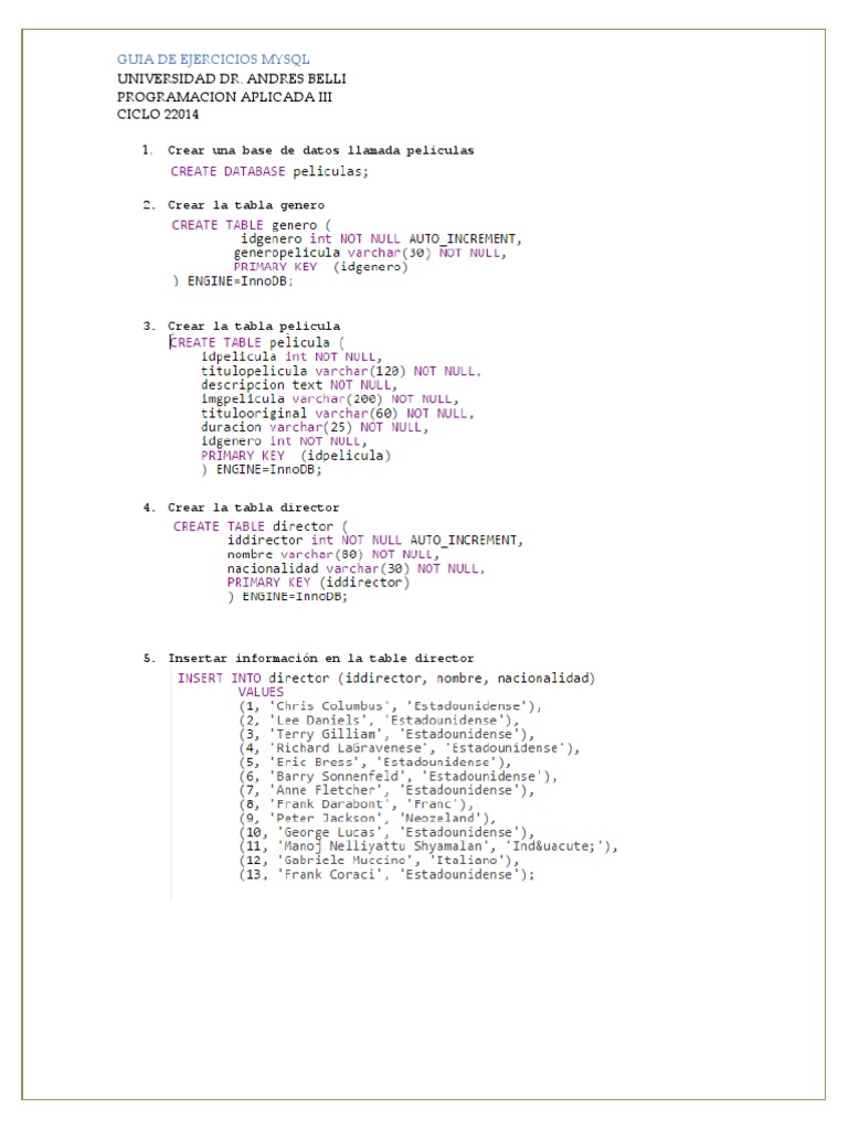 Guia de Ejercicios Mysql | PDF