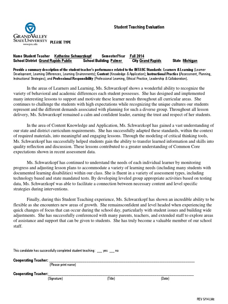 Student Teacher Evaluation: Katherine Schwarzkopf | PDF | Educational ...