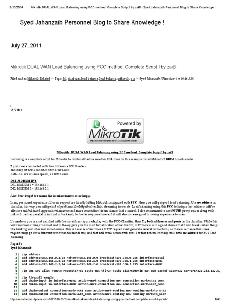 Mikrotik DUAL WAN Load Balancing Using PCC Method | PDF | Load Balancing (Computing) | Ip Address