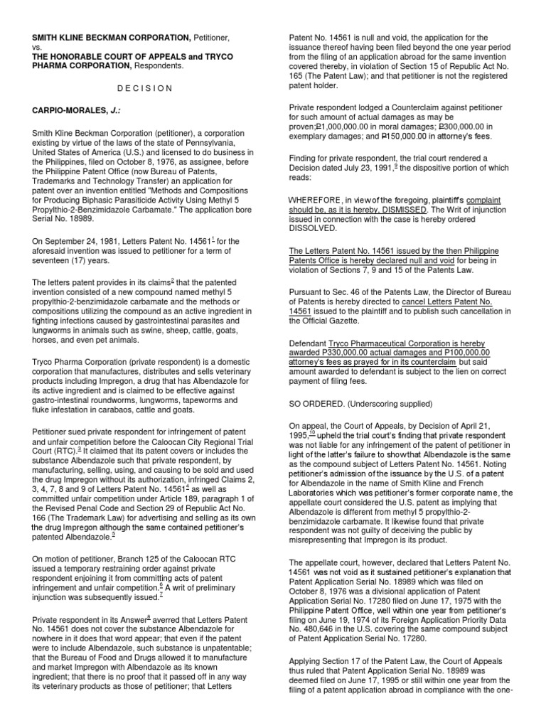 Smith Kline Beckman Corporation, Petitioner, The Honorable Court of ...