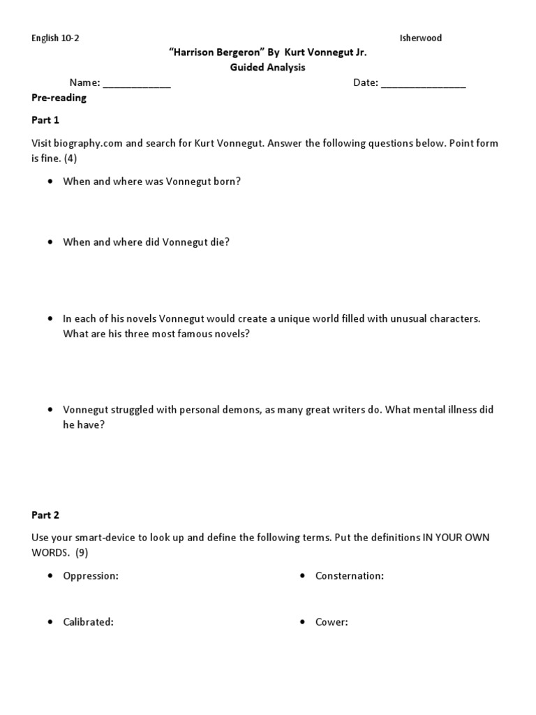 Pre-Reading Guide for "Harrison Bergeron" | PDF | Young Adult