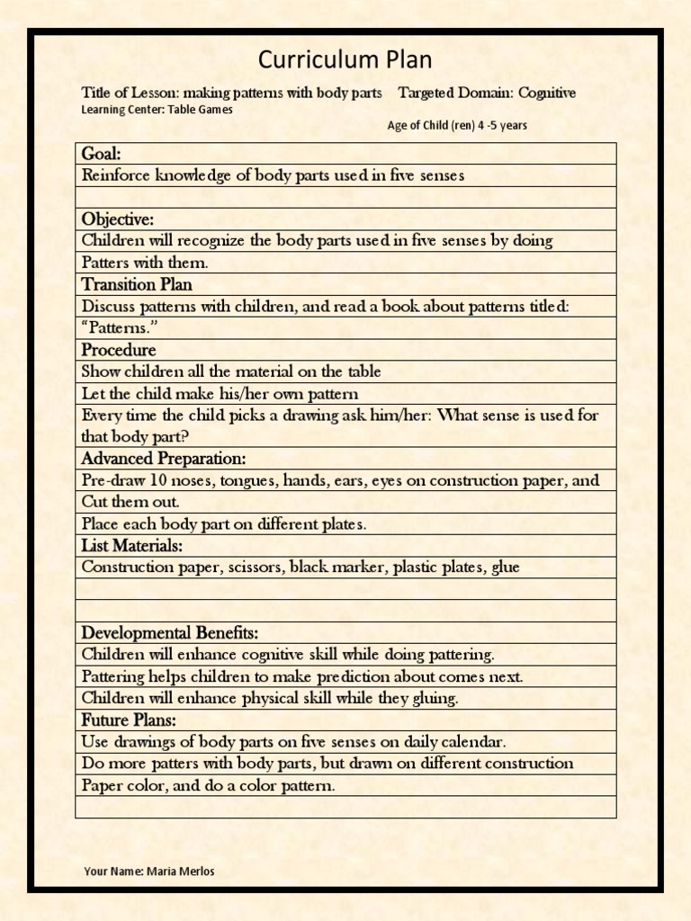 Body Parts Pattern Lesson Plan | PDF