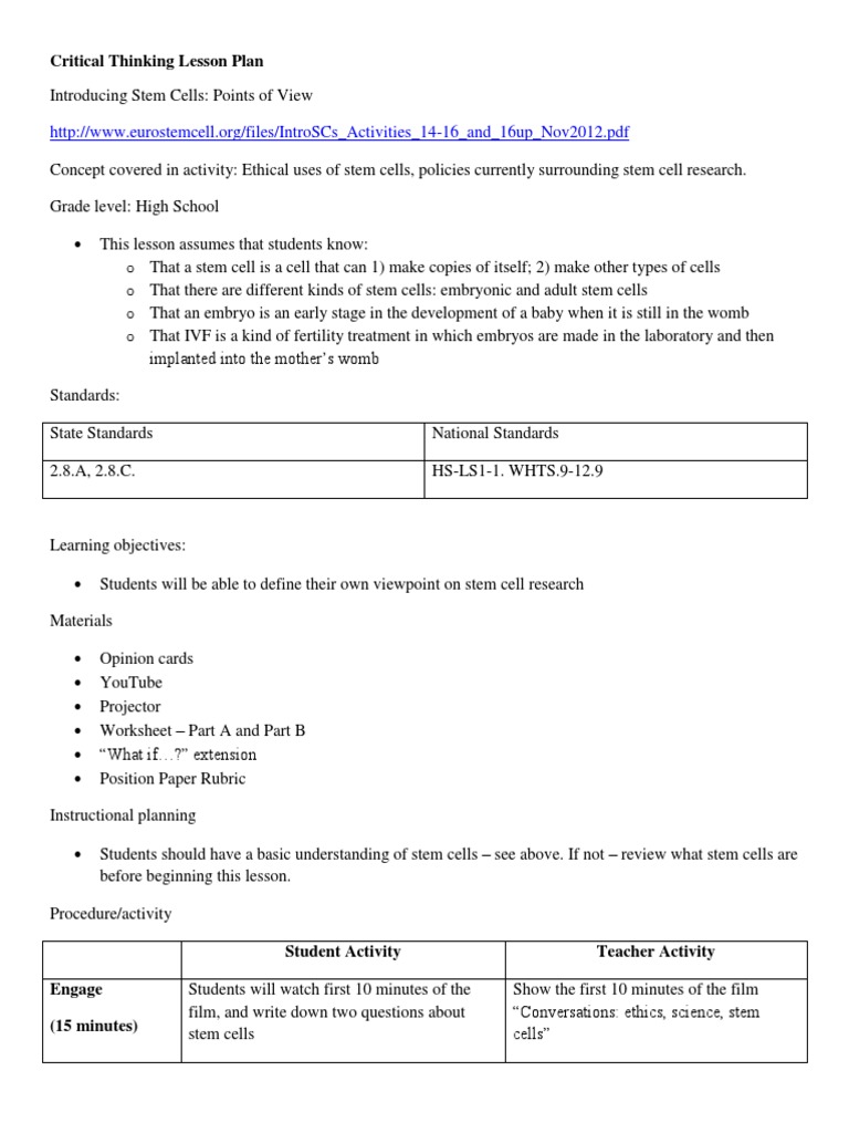 Stem Cells - Critical Thinking Lesson Plan - Knighton | PDF ...