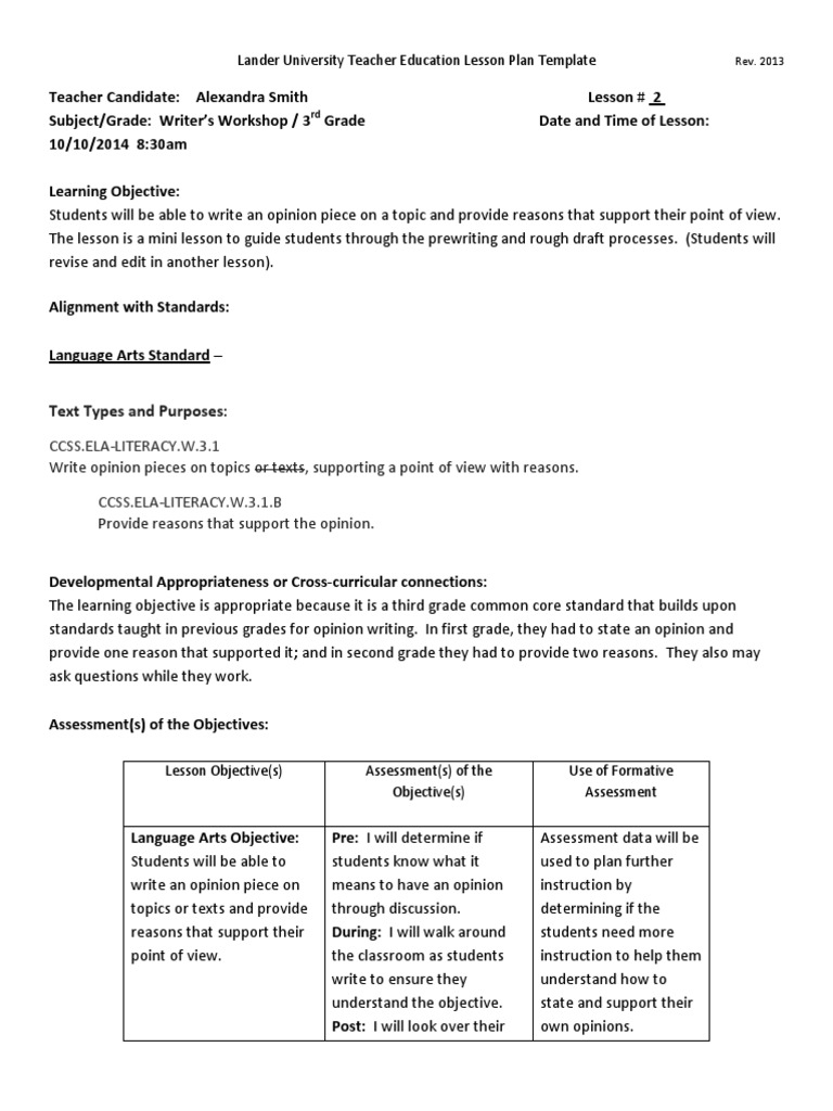 Writing Lesson Plan PDF Lesson Plan Educational Assessment
