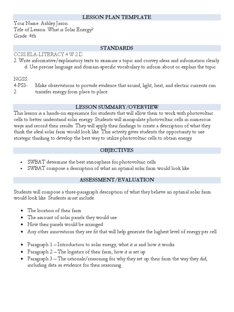 Solar Energy Lesson Plan | PDF | Photovoltaics | Solar Cell