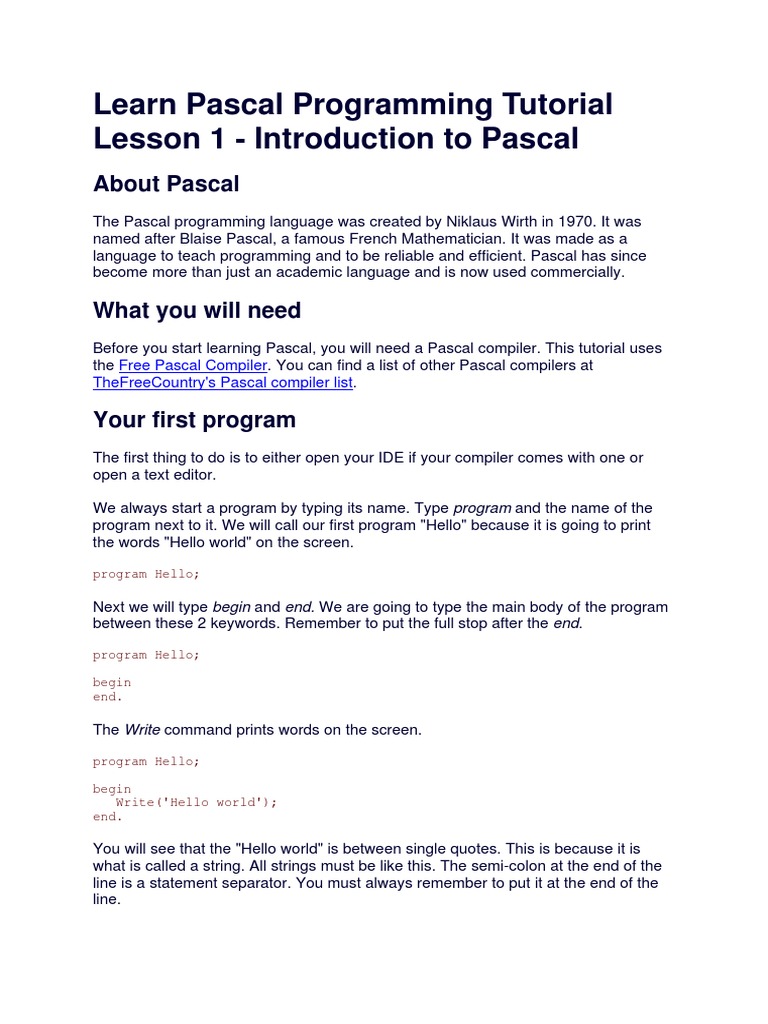 Learn Pascal Programming Tutorial Lesson 1 Introduction To Pascal 5915