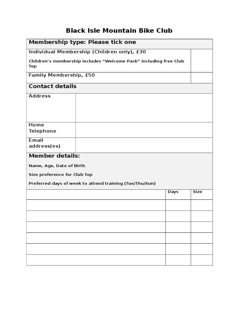 Black Isle Mountain Bike Club Application Form 3 | PDF