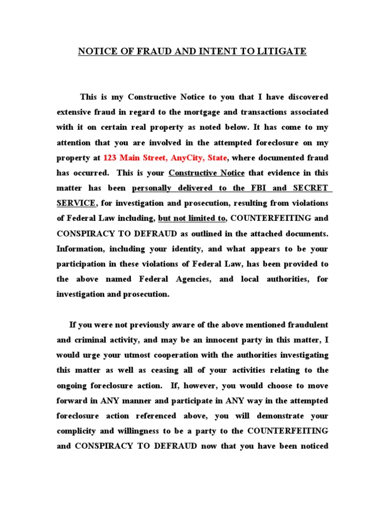 Fraud Notice and Litigation Intent | PDF | Fraud | Foreclosure