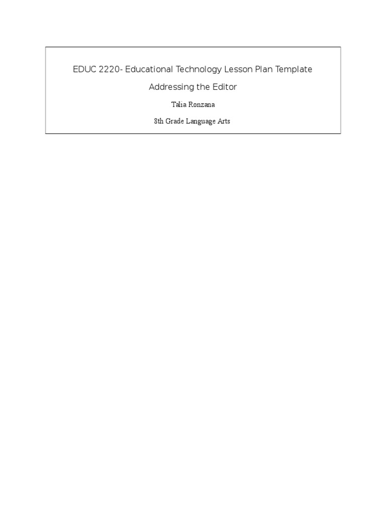 EDUC 2220-Educational Technology Lesson Plan Template Addressing The ...
