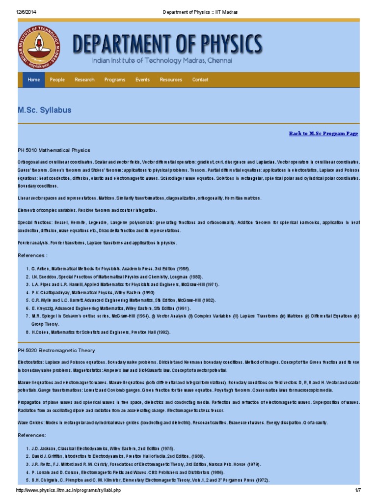 IIT Madras M.Sc. Physics Syllabus | PDF | Field (Physics) | Lagrangian ...