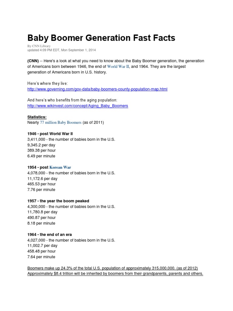 Baby Boomer Generation Fast Facts | PDF | Selective Service System ...