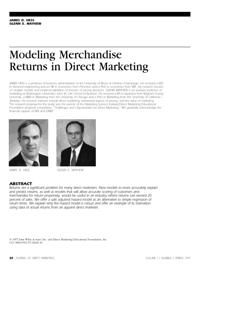 Modeling Merchandise Returns in Direct Marketing: James D. Hess Glenn E ...