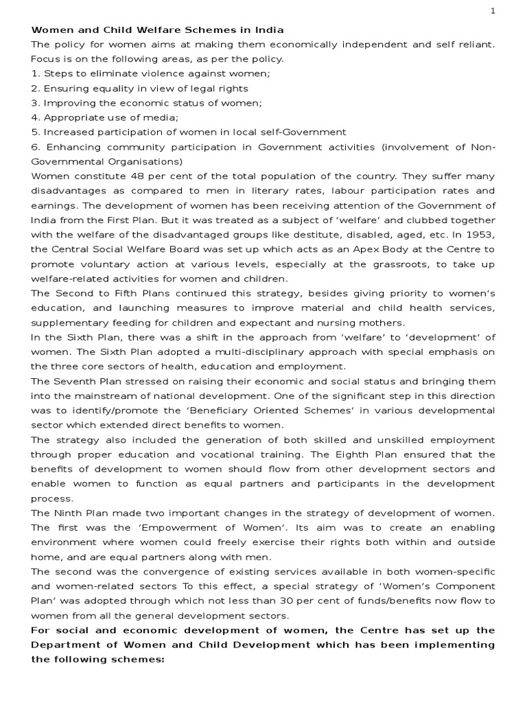 Women and Child Welfare Schemes in India | PDF | Welfare | Government ...
