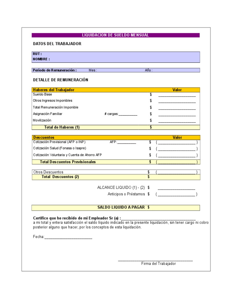 Plantilla Liquidacion De Sueldo Mensual Chile Compensación Laboral