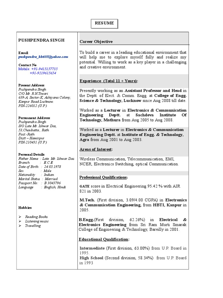 Pushpendra Singh CV General | PDF | Microwave | Signal (Electrical Engineering)