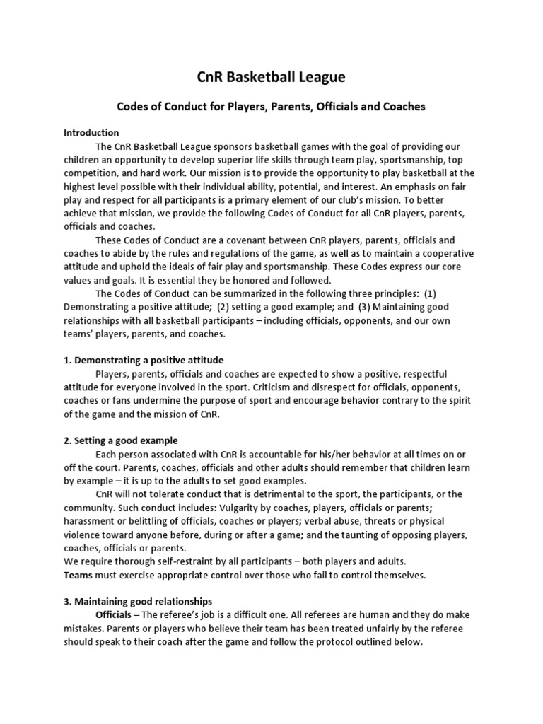 CNR Basketball League: Codes of Conduct For Players, Parents, Officials ...