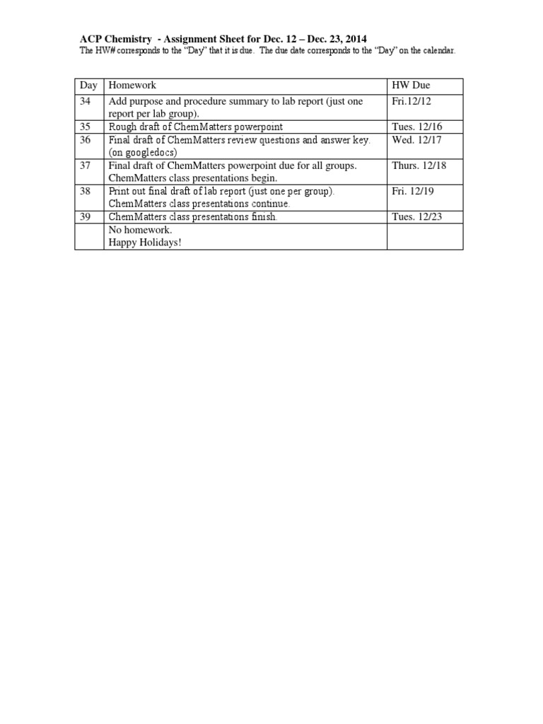 ACP Chemistry Assignment Schedule | PDF | Teaching Methods & Materials